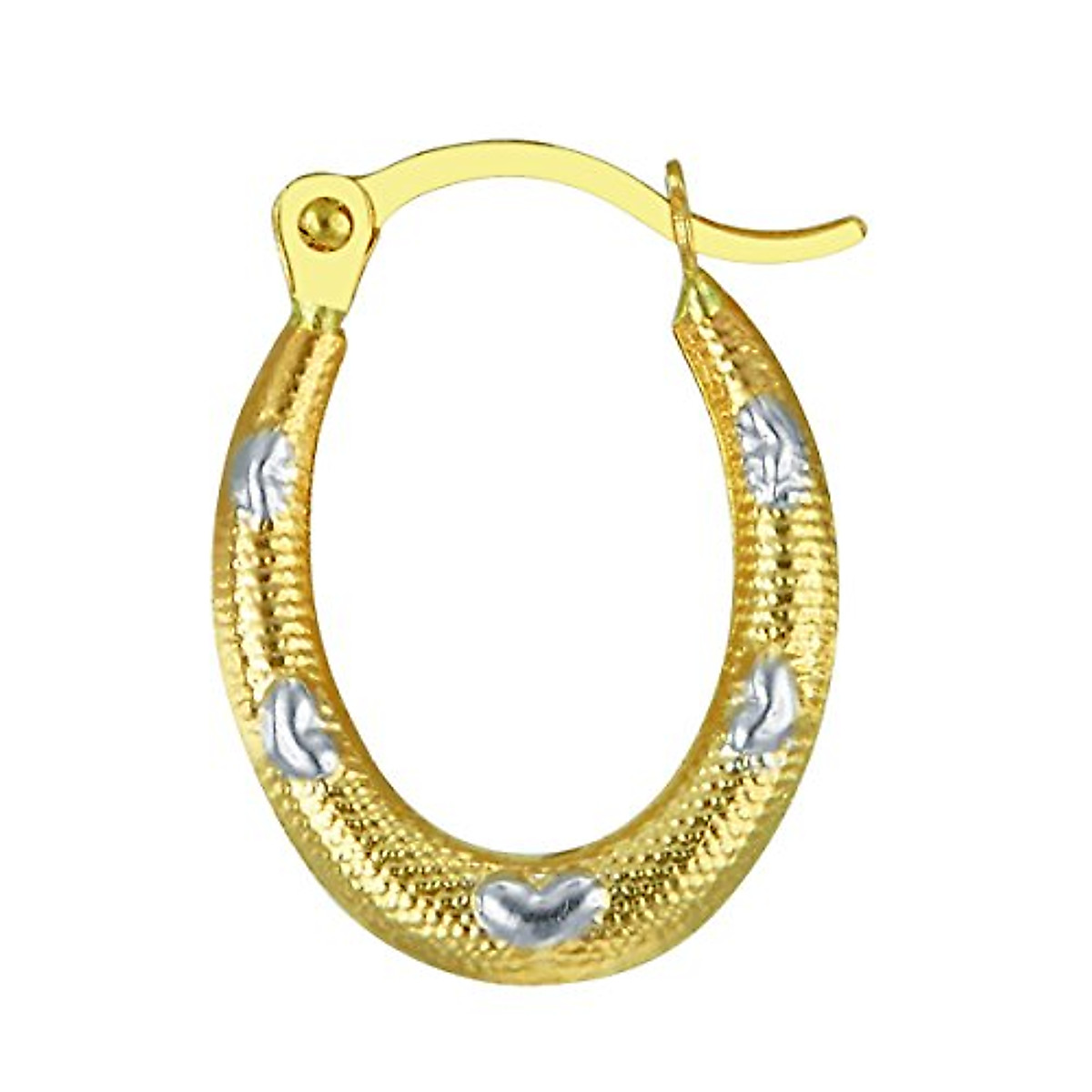 Wellingsale Ladies 14k Two Tone White and Yellow Gold Polished Heart Pattern Oval Hoop Earrings (12 x 15mm)
