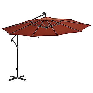 SunshineFace Cantilever Umbrella with LED Lights, Solar Powered Outdoor Market Patio Table Umbrella with LED Lights and Tilt(Brown, 137.8"x110.2")