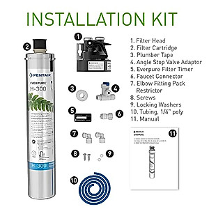 Pentair Everpure H-300 Drinking Water System, EV927076, Includes Filter Head, Filter Cartridge, All Hardware and Connectors, 300 Gallon Capacity, 0.5 Micron