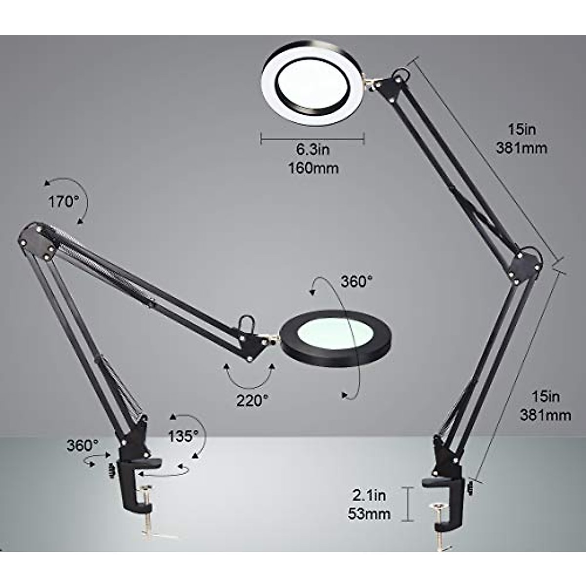 Psiven LED Magnifying Lamp, Dimmable Magnifier Desk Lamp/Task Lamp with Clamp (3 Lighting Modes, 10W, 5 Diopter, 4.1'' Glass Lens) Highly Adjustable Swing Arm Craft, Workbench, Drafting, Work Light