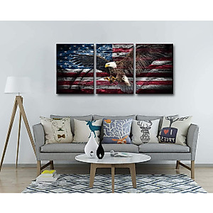 KALAWA American Flag Wall Art Eagle Canvas Independence Day Artwork Red White Blue Painting Patriotic Concept Wall Decor the USA Flag Home Decor 3 Panels Print for Living Room Framed Ready to Hang