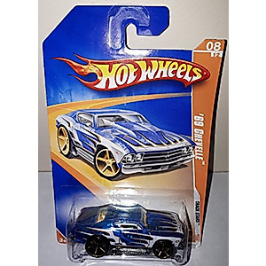 HOT WHEELS 2009 TRACK STARS 062/190 '69 CHEVELLE BLUE WITH WHITE AND GOLD - FAT REAR WHEELS - CAR 08 OF 12