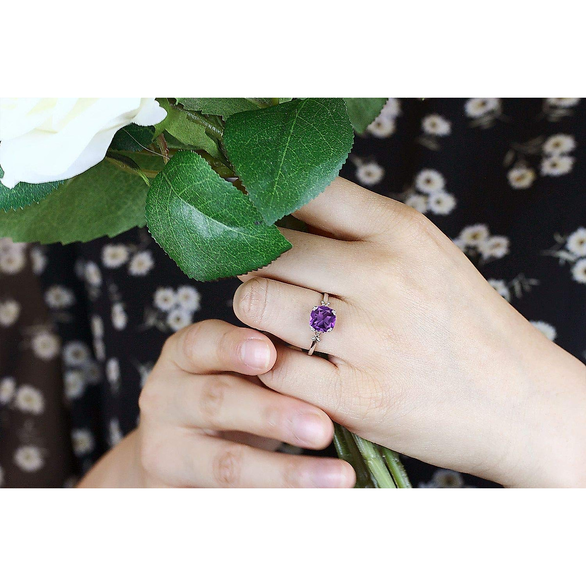 Gem Stone King 925 Sterling Silver & 10K Rose Gold 8MM Cushion Gemstone Birthstone Engagement Ring | Wedding Anniversary Promise Ring For Women | Size 5,6,7,8,9