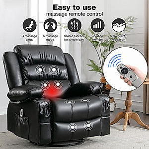 Massage Swivel Rocker Recliner Chair with Vibration Massage and Heat Ergonomic Lounge Chair for Living Room with Rocking Function and Side Pocket 2 Cup Holders USB Charge Port (Black)