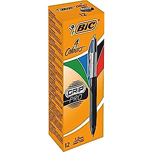 BIC 4 Colours Grip Pro Retractable Medium Point (1.0 mm) Ballpoint Pens, 12 Pens and Each Pen Contains 4 Colours