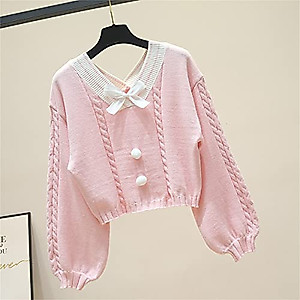 Cuteighteen Cute Sweaters for Women Cable Knit V Neck Cropped Loose Sweater Pullover Long Sleeve Top with Bow (Pink)