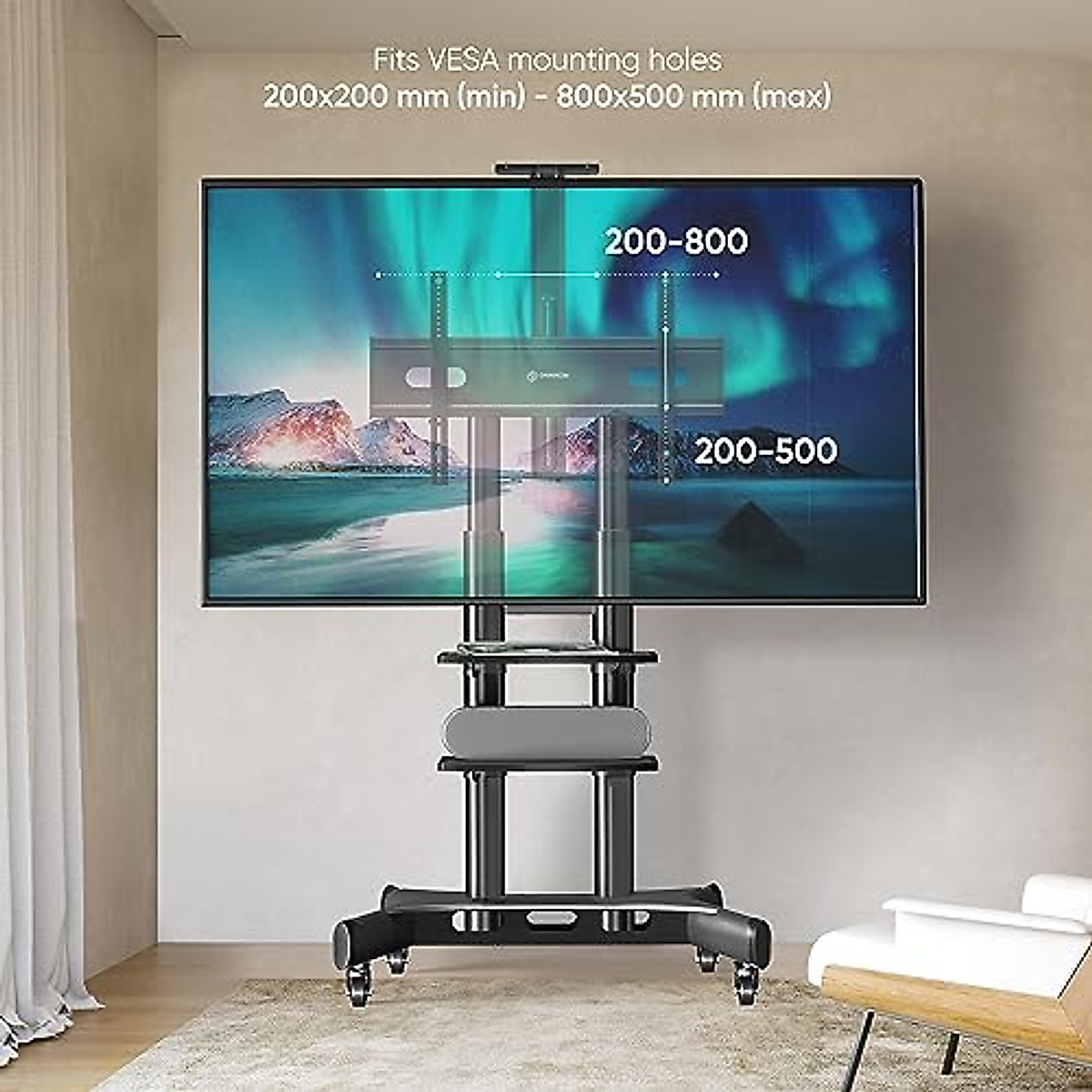 ONKRON Mobile TV Stand for 50" - 86" TVs up to 200 lbs - Adjustable TV Stand Portable - max VESA 800x500 - Tall TV Stand with Wheels/Mobile TV Cart Rolling TV Stand on Wheels Black