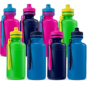 Bedwina Bulk Water Bottles For Kids - (pack Of 12) 18 Oz - 7.5 Inch BPA-Free Plastic with Pop-up Tops & Handles for Sports, Summer, Reusable Water Bottles Bulk For School