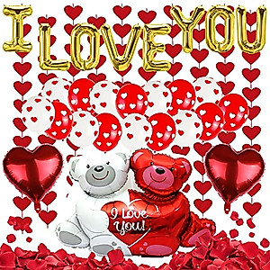 Valentine's Day Balloons Decoration Kit - I Love You Banner Heart Balloons Kit with Rose Petals Wedding Flower Decoration Love-Bear Red Heart Balloons for Valentine Day Party Decorations