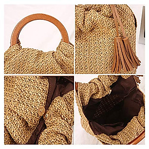 QTKJ Hand-woven Large Straw Tote Bag with Brown Leather Tassels Boho Brown Wooden Round Handle Tote Retro Summer Beach Bag Rattan Handbag (Light Coffee)
