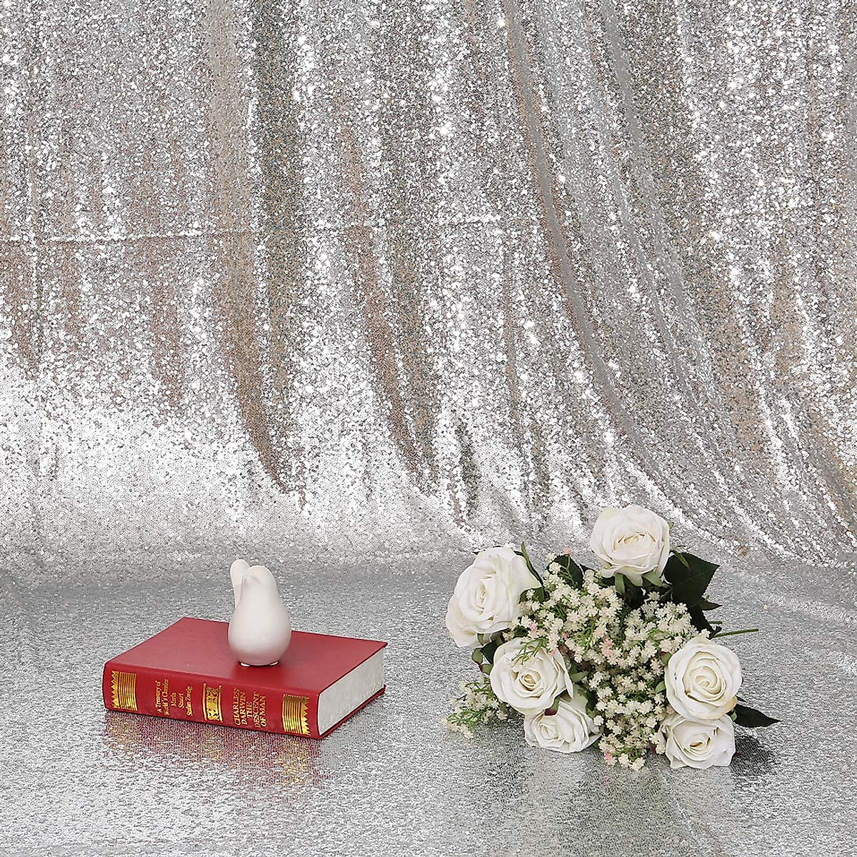 Poise3EHome 2Pcs 3Ft x 8Ft Silver Sequin Backdrop Curtain, Glitter Photography Background, Sequence Xmas Thanksgiving Backdrop for Wedding Party Holiday Festival Decor