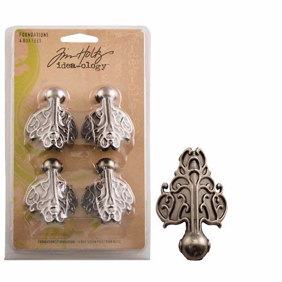 Foundations Metal Box Feet by Tim Holtz Idea-ology, 4 Feet per pack, 1-1/2 x 2 Inches, Antique Nickel Finish, TH92821 , Silver