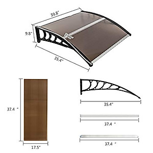 QXDRAGON Patio Window Awning Door Canopy Outdoor Shade Bracket Polycarbonate Cover Front Garden Awnings UV Rain Snow Sunlight Protection One Piece Hollow Sheet (39X38,Brown & Black Bracket)
