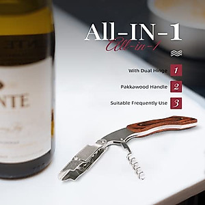 KITVINOUS Wine Opener, Professional Waiters Corkscrew with Foil Cutter & Dual Hinge, Stainless Steel Wine Key for Servers and Bartenders (Pakkawood)