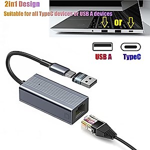 USB C to Ethernet Adapter for iPhone 15 iPad, [2in1] USB A and Type C to RJ45 Network LAN Enternet Adapter Compatible with iPhone iPad MacBook Dell XPS, Galaxy S20, Phone, Laptop, PC etc