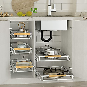 Pull Out Cabinet Drawer Organizer Expendable Slide Out Pantry Storage Shelves Heavy Duty Stainless Steel Shelf Rack for Kitchen Base Cabinet Pantry Closet Under Sink Divider Organization,2Packs