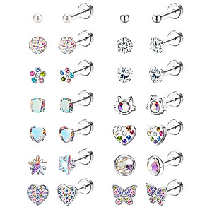 LOYALLOOK Hypoallergenic Screwback Earrings for Women Tiny CZ Pearl Ball Heart Flower Screw Back Earring Studs 316L Stainless Steel Stud Earrings Flatback Multicolored 20G Silver Tone Over 3 Years Old