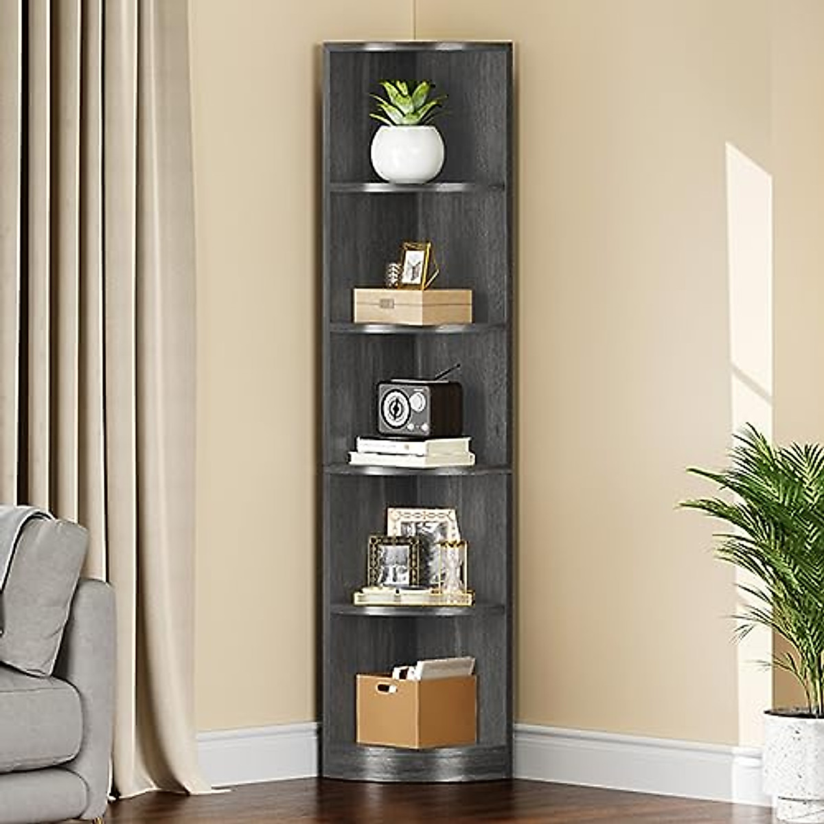 YITAHOME 70.8" Corner Shelf, 5 Tier Corner Bookshelf and Bookcase, Modern Open Free Standing Shelving Unit Wooden Display Rack Storage Shelves for Bedroom, Living Room, Home Office, Charcoal Gray