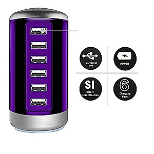 Universal USB Charger 6-Port Desktop USB Charging Station Hub with Smart Identification Technology Compatible with iPhone iPad Cell Phone Tablets(Purple)