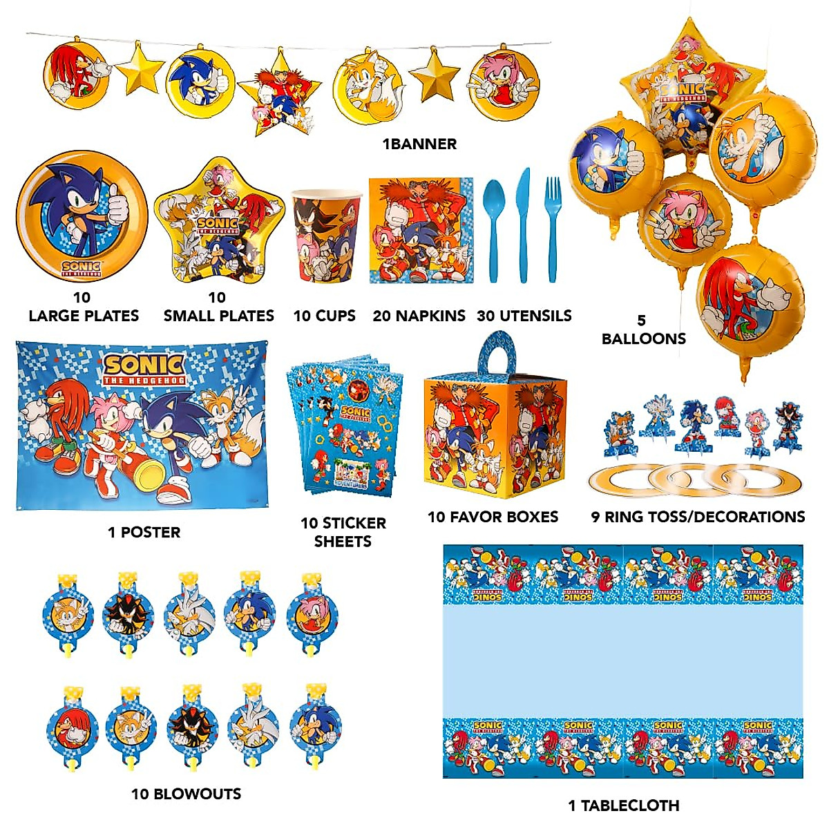 Sonic The Hedgehog Birthday Party Kit - Complete Supplies for 10, Video Game Themed Decorations, Licensed Banner, Plates, Cups, Balloons, Games, and Favors for Kids' Celebration