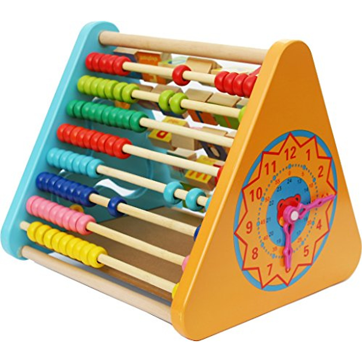 TOWO Activity Centre Triangle Toys - flip Flop Alphabet Blocks Abacus Clock - Activity Cube for Toddlers 5 in 1- Toys for Babies Montessori Learning-Wooden Toys for 1 Year Old