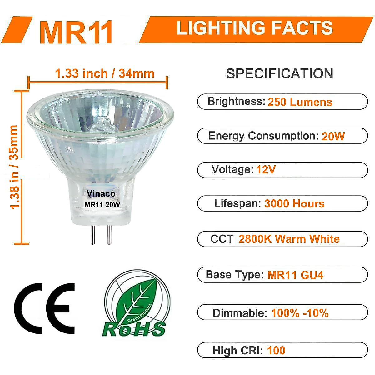 Vinaco MR11 GU4 Halogen Bulb, 6 Pack Long Lasting MR11 12V 20W，MR11 GZ4 Dimmable with 2800K Warm White, MR11 Bulb with GU4 Base, MR11 Halogen Bulb for Landscape, Accent, Track Lights & Fiber Optics