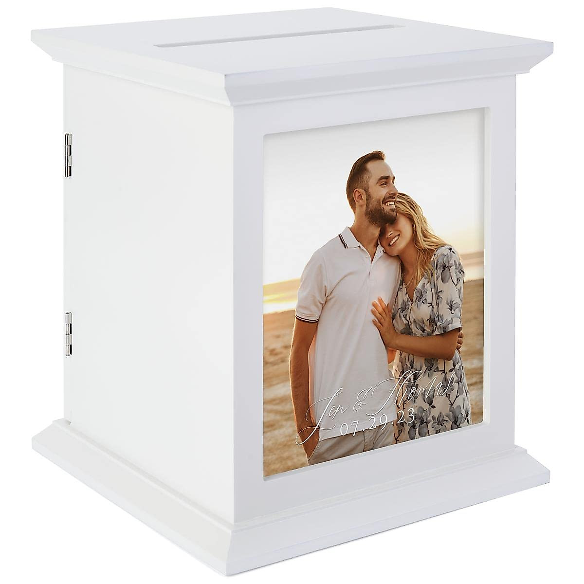 Displays2go Wooden Wedding Card Box, 8" x 10" Photo Frame, Top Slot, Rear Access Door - Ivory (FDGWCBWHT)