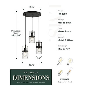 LMS Black 3-Light Pendant Fixtures, Adjustable Kitchen Hanging Light Fixture, Cluster Pendant Lights, LMS-188