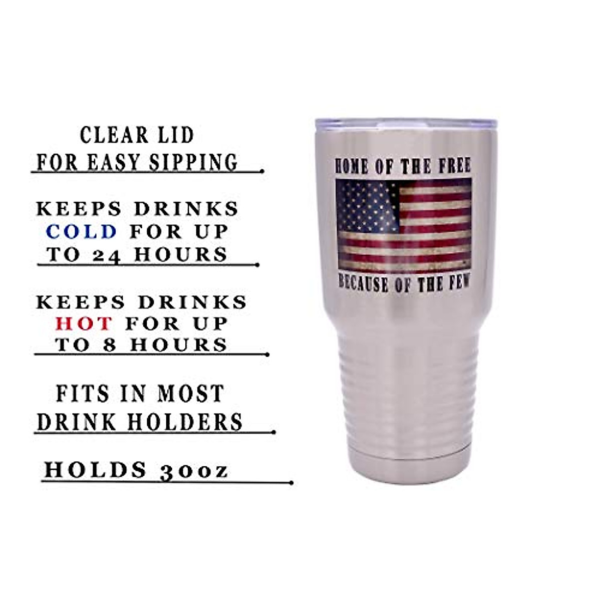 Rogue River Tactical Home of the Free USA Flag Military Veteran 30 Oz. Travel Tumbler Mug Cup w/Lid Vacuum Insulated Hot or Cold Gift