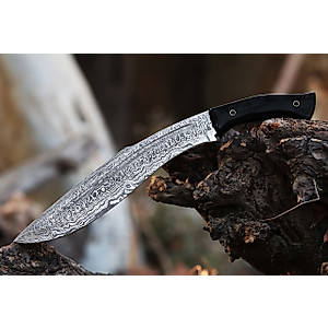 12.5 Inch long Hunting knife, Collectible knife, Natural Camel bone scale embellished with engraved brass finger guard, foil work spacer and pommel, Hand forged Twist pattern Damascus steel blade, Comes with Leather sheath