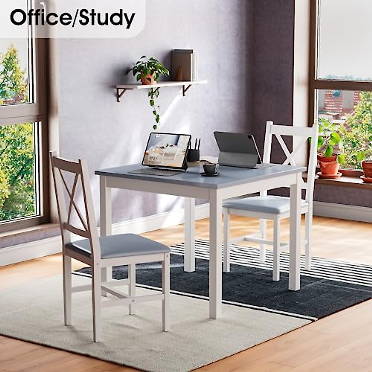 Alohappy Dining Table Set for 2, 3 Piece Kitchen Table and Chairs Set Pine Wood Dining Table with 2 Upholstered Chairs for Small Space, Apartment, Space-Saving & Easy Assembly (Blue)