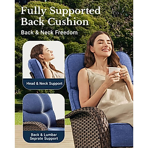 HILLGA 3 Pieces Rocking Chair Outdoor with 6" Thick Cushion, Oversized Patio Rocking Chairs Set of 2, Comfortable High Back Wicker Rockers with Side Table for Garden Porch Balcony & Backyard(Blue)