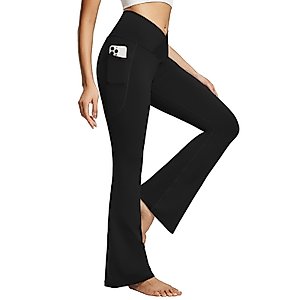 baleaf Women's Yoga Pants with Pockets High Waisted Flare Leggings Casual Workout Wide Leg Pants Black 32" 2XL