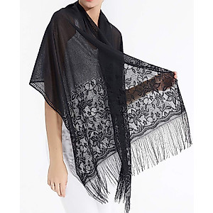 RIIQIICHY Women's Floral Lace Mesh Party Prom Wedding Shawl Scarf with Fringe