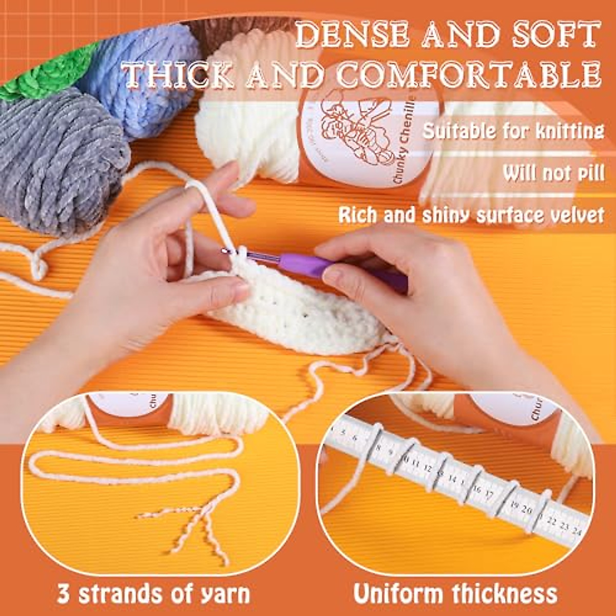 TLKKUE Chunky Chenille Yarn(7OZ/200G), 3 Strands of Yarn Soft Chenille Velvet Yarn for Crocheting Knitting Thick Blanket Yarn for Shoe Hat Clothing Cushion (Red Orange)