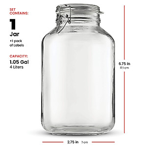 Bormioli Rocco Glass Fido Jars - 135.¼ Ounce - 4 Liter, with hinged hermetically Sealed Airtight lid for Fermenting, Canning, Preserving, With Exclusive Paksh Novelty Chalkboard Labels Set (1 Pack)