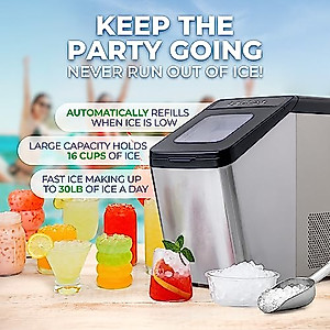 Zulay 3X Size Soft Ice Maker with Water Line Hook Up - Extra Large Storage, 16 Cups of Chewable Ice with No Waiting - Self-Cleaning Pebble Ice Makers - Stainless Steel Sonic Nugget Ice Maker