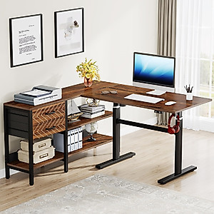 Tribesigns L Shaped Standing Desk with Storage Drawers, Height Adjustable Electric Standing Desk with Shelves & Hooks, Ergonomic Sit Stand Up Computer Desk Workstation for Home Office,Brown