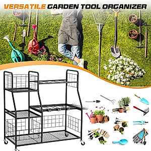 Rengue Large Garden Tool Organizer 3 Tier Yard Tool Rack with Slots & Hooks, Heavy Duty Metal Shelf Yard Tool Holder, Utility Stand Rack for Garage Organization and Storage for Garage, Backyard, Lawn