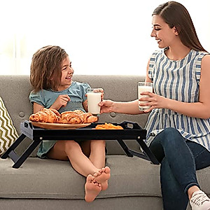 Kochorie 2 Packs Bed Tray Table Bamboo Breakfast Tray with Folding Legs Kids Serving Platters Tray Lap Desk Snack Tray for Bed Sofa Eating Working (15.8 x 11 x 6.9 Inches, Black)