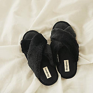 Dearfoams womens Jessica Furry Cross Band Slide Slipper, Black, Large US