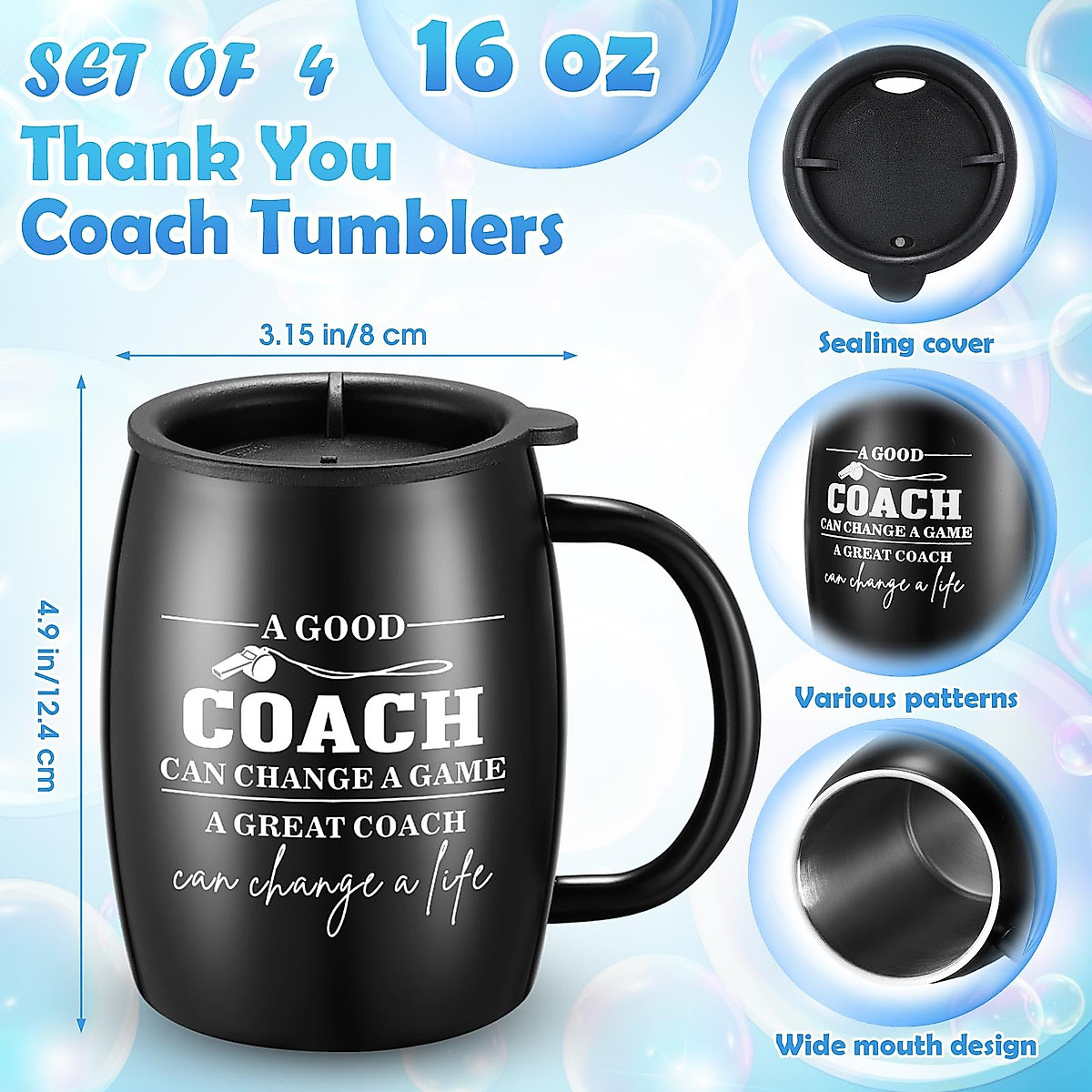 Vesici 4 Pcs Coach Appreciation Gifts 16 oz Insulated Travel Coach Mug Stainless Steel Coffee Tumbler Double Wall Cup for Men Women Soccer Football Basketball Thank You Gifts(Black)
