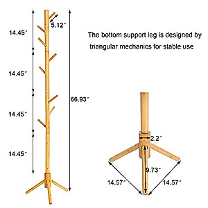 C&AHOME Bamboo Coat Rack Stand with 8 Hooks, Wooden Coat Tree Adjustable Sizes, Entryway Hall Tree Free Standing Coat Hanger Stand for Hat, Bag, Clothes, Jacket, Natural