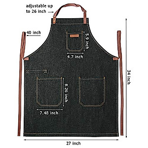 DingSay Trendy Denim Chef Apron with Pockets, Mens Womens Professional Kitchen Bib Black Apron for Cooking Grill BBQ Server, with Towel Loop and Adjustable Neck Straps