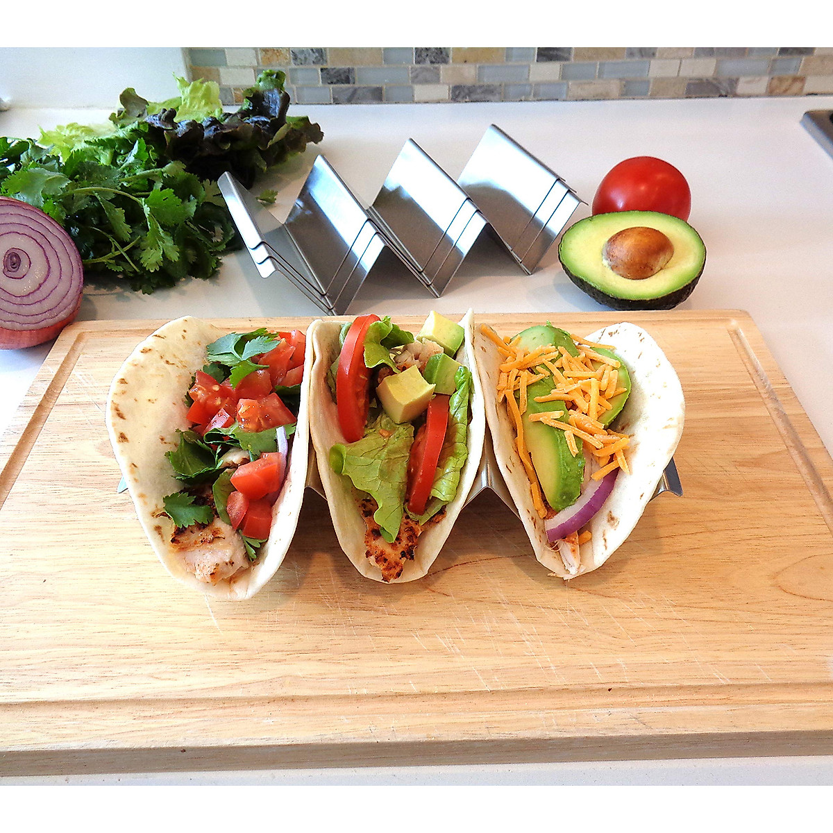 OH Ovation Home 6 Pack Stainless Steel Taco Holders with Handles - Holds 3 Tacos Each (6)