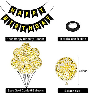 CHRORINE Black Happy Birthday Banner Bunting 8pcs Gold Confetti Balloon for Birthday Party Supplies