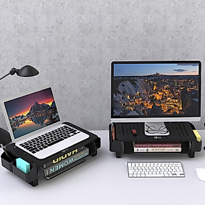 WALI Monitor Stand with Storage, Monitor Riser with Ventilation Drawer and Side Storage, Laptop Stand Riser for Desk, Printer Stands, (STT007), Black