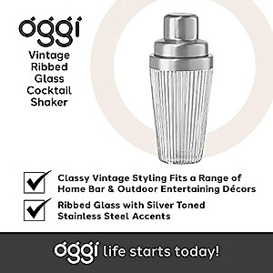 OGGI Vintage Ribbed Glass Cocktail Shaker- 16oz, Stainless Steel Top; Ideal Martini Shaker, Drink Shaker, Bartender Shaker; Make Great Bar Gifts, Cocktail Accessories and Bar Cart Accessories