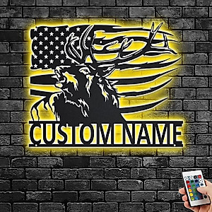 HUSSIO Custom US Elk Deer Metal Wall Art With LED Light, Personalized Elk Deer Name Sign Decoration For Room, Elk Deer Metal LED Decor, Elk Deer (Metal Sign 1)