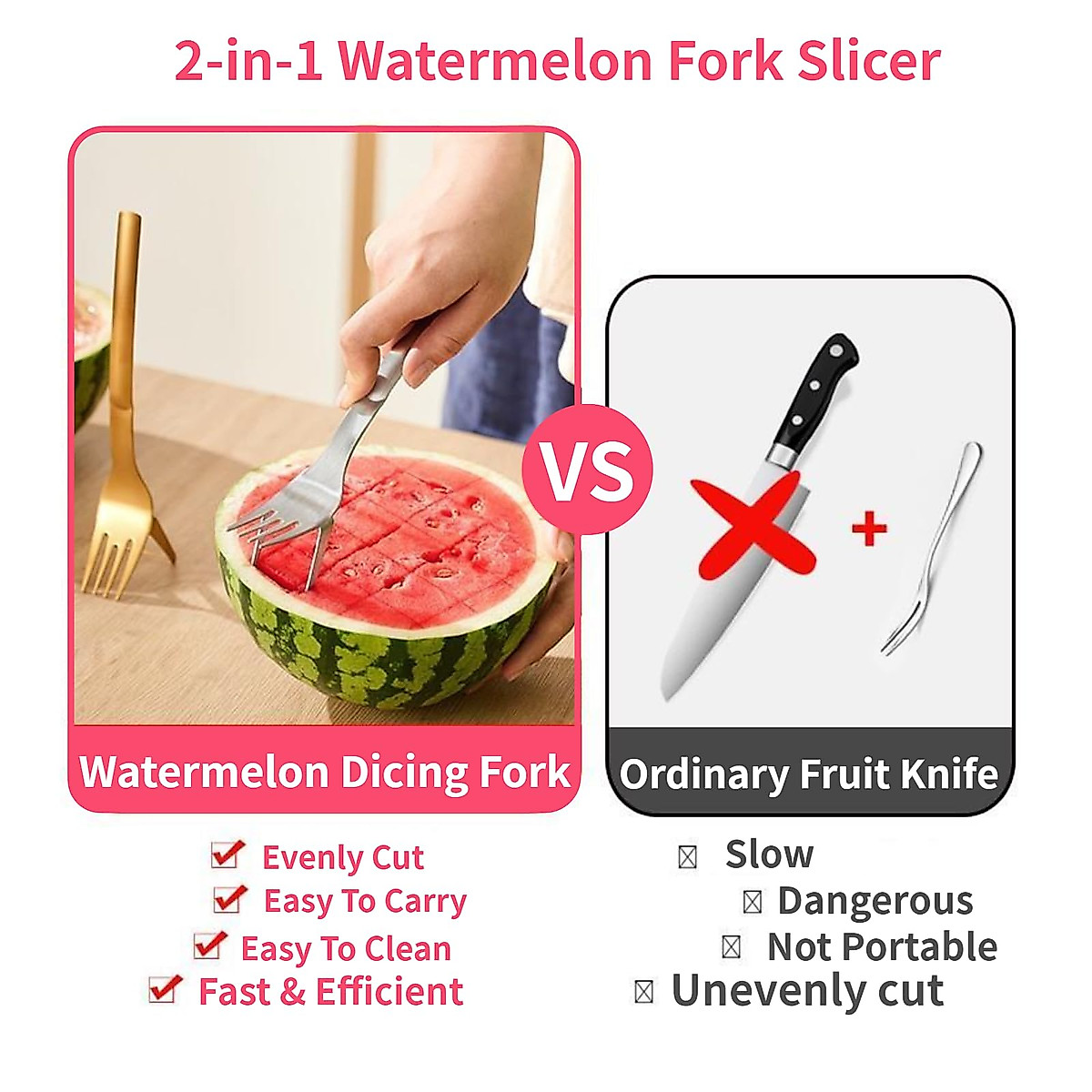 Watermelon Slicer Fork Stainless Steel Cutter - Kids Fascinated Melon Cuber Cutting Tool - Carving and Cutting Utility Knife for Home Fruit Party - Cool Kitchen Gadgets (A)